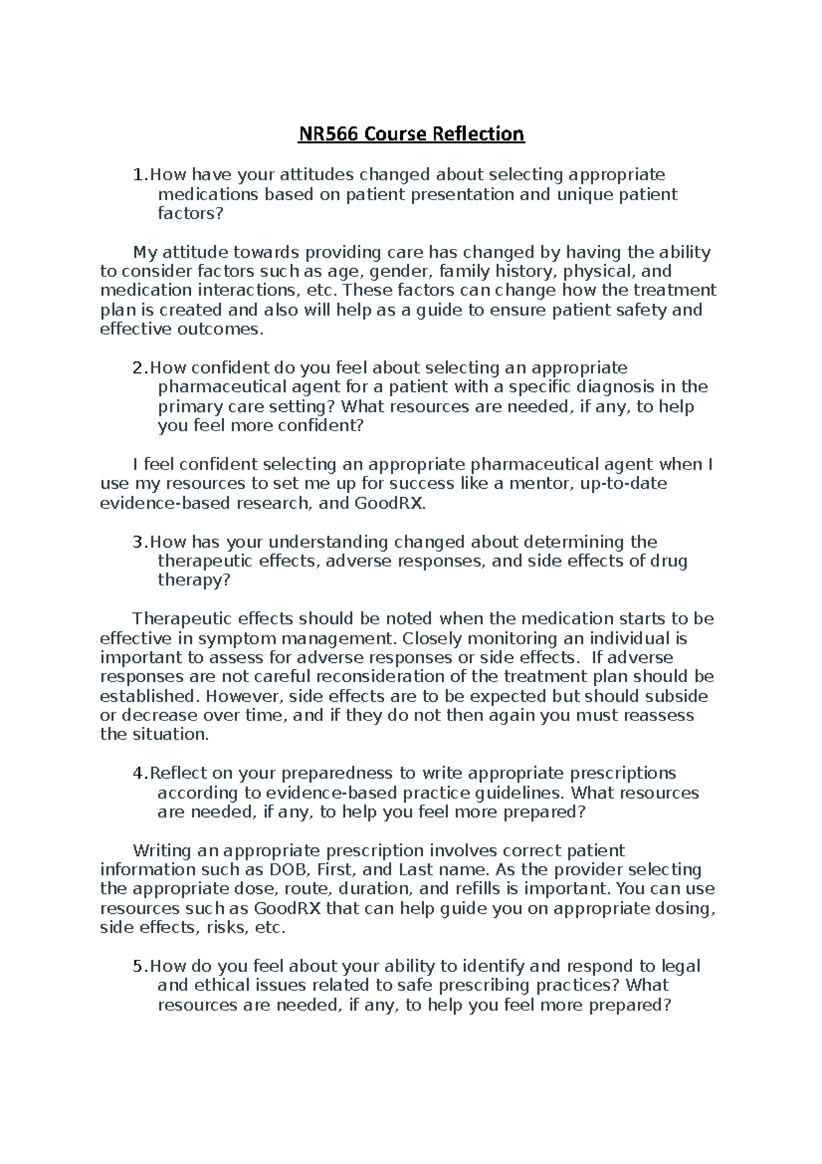 NR566 Course Reflection Papez - NR566 Course Reflection 1 have your attitudes changed about ...