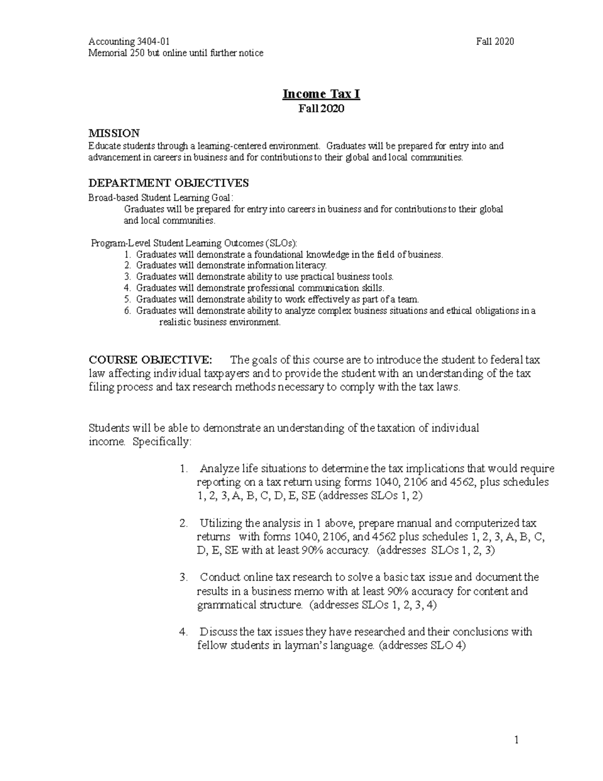 Syllabus - Memorial 250 but online until further notice Income Tax I ...