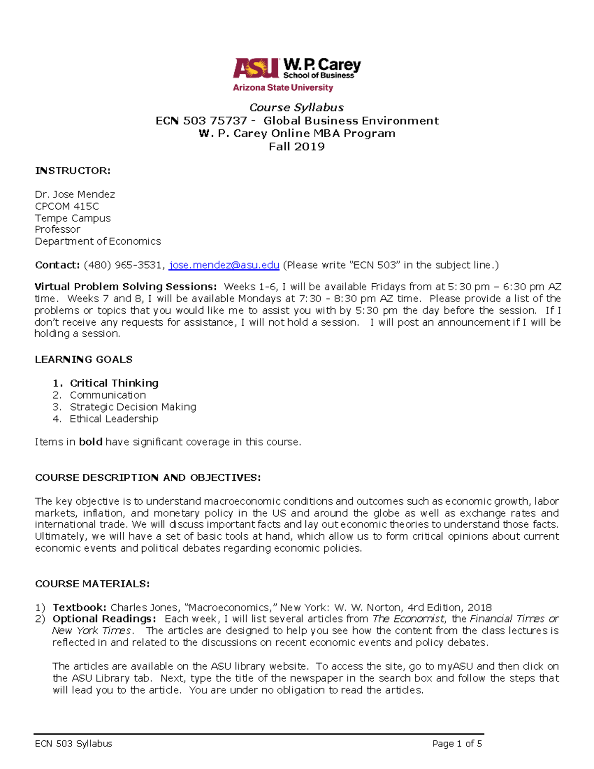 ECN 503 Syllabus - Fall 2019 - Course Syllabus ECN 503 75737 - Global ...