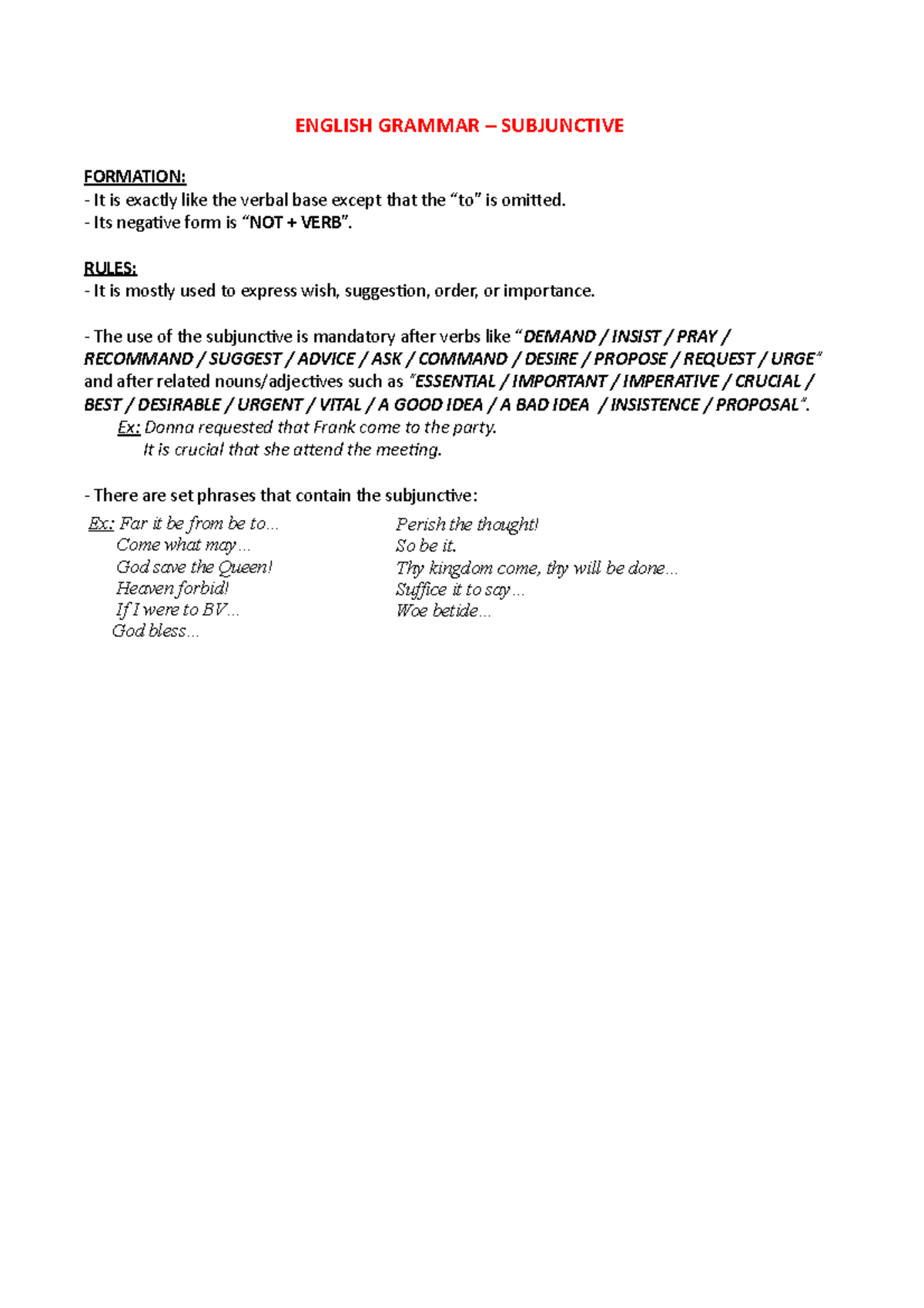 Subjunctive - ENGLISH GRAMMAR – SUBJUNCTIVE FORMATION: It is exactly ...