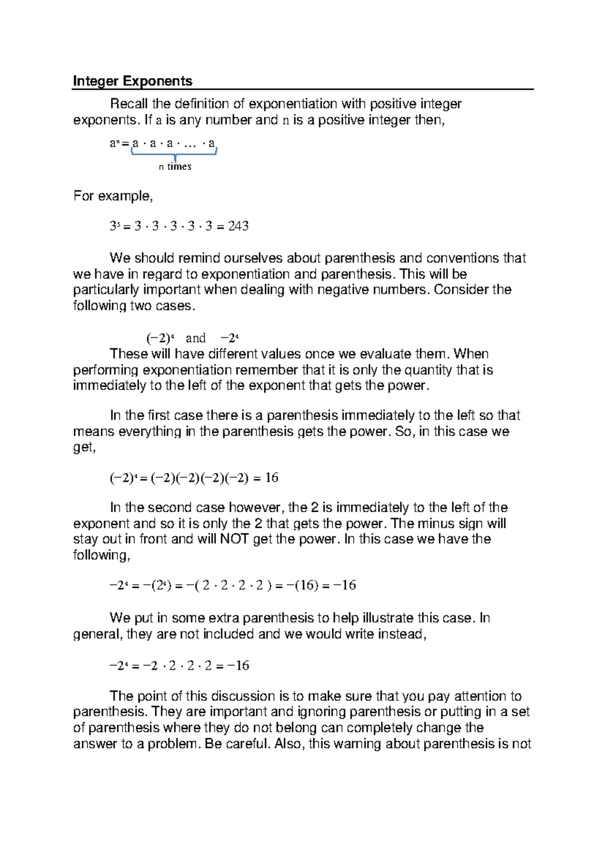 1 1 Integer Exponent done - Integer Exponents Recall the definition of exponentiation with ...