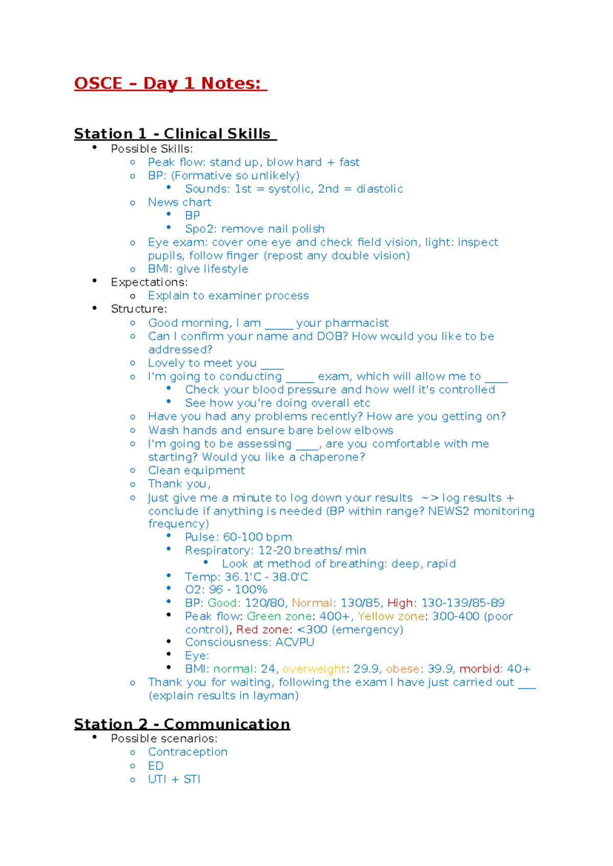 OSCE Day 1 (MPharm Y3) - OSCE – Day 1 Notes: Station 1 - Clinical ...