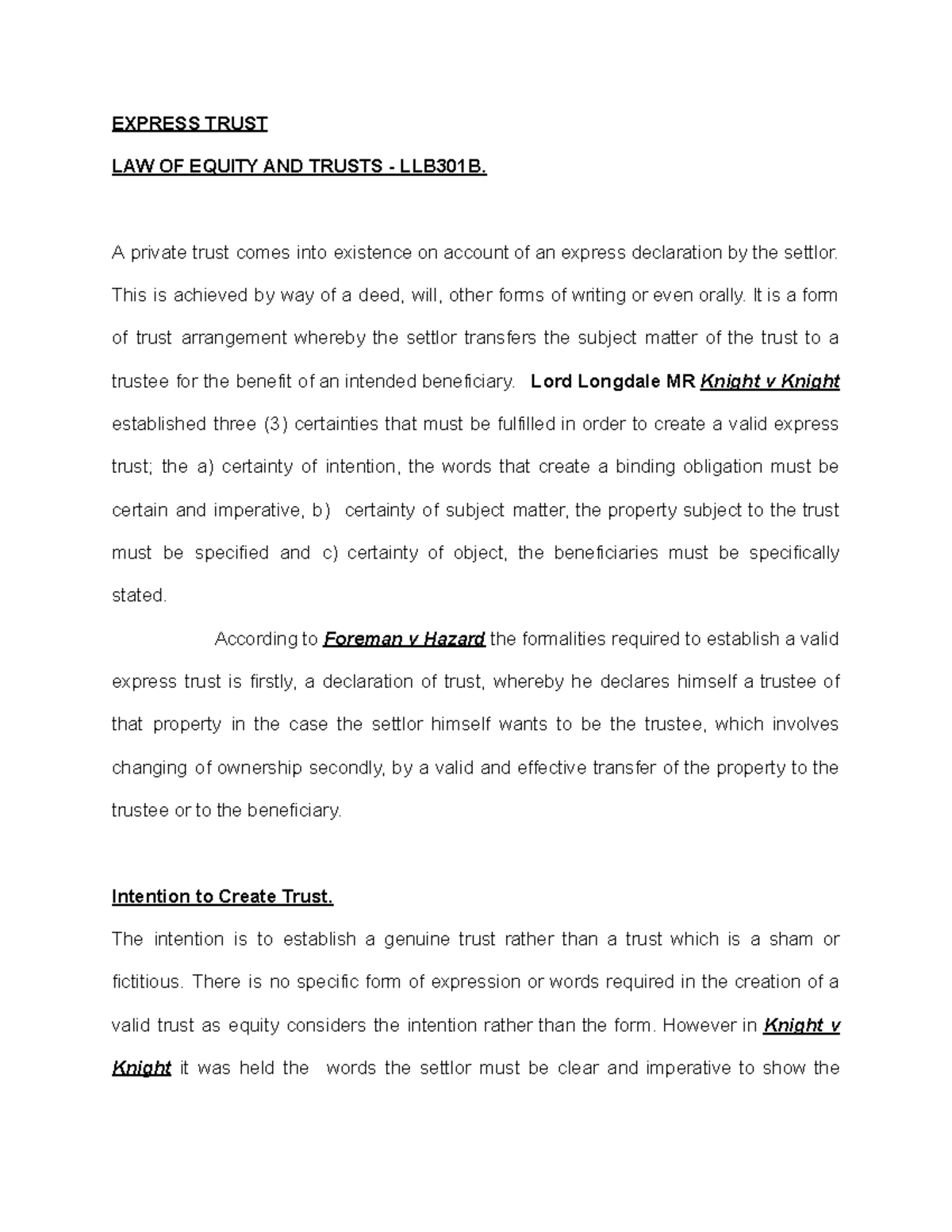 Express Trust - Law of Equtiy and Trusts-LLB301 A - EXPRESS TRUST LAW ...