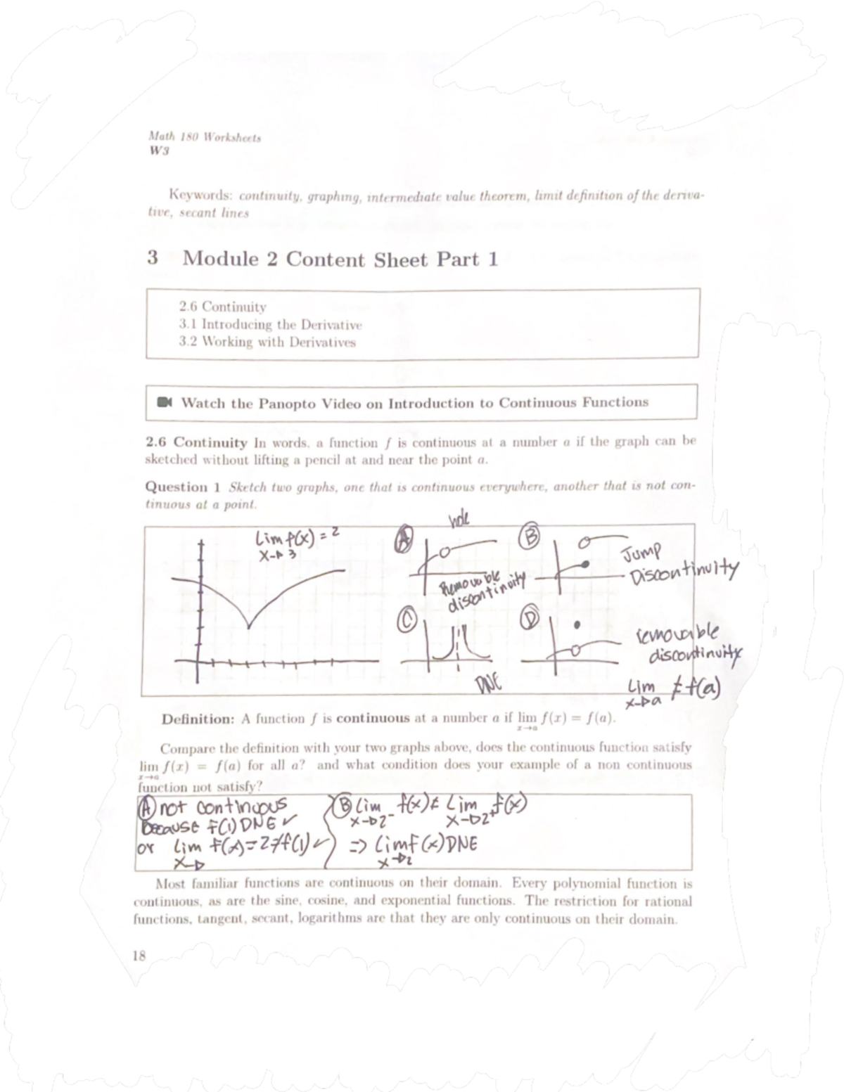 Module 2 content Sheet Part 1 - Math 180 Worksheets W3 Keywords ...