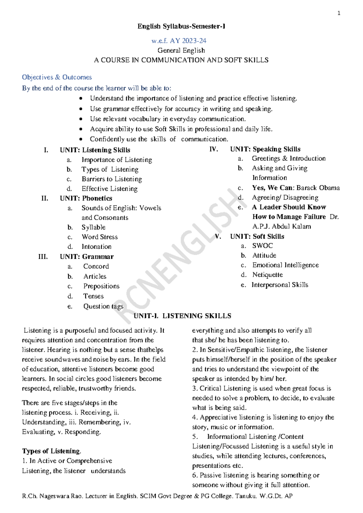 1st Sem English 2023-24 - 1 English Syllabus-Semester-I w.e. AY 2023 ...
