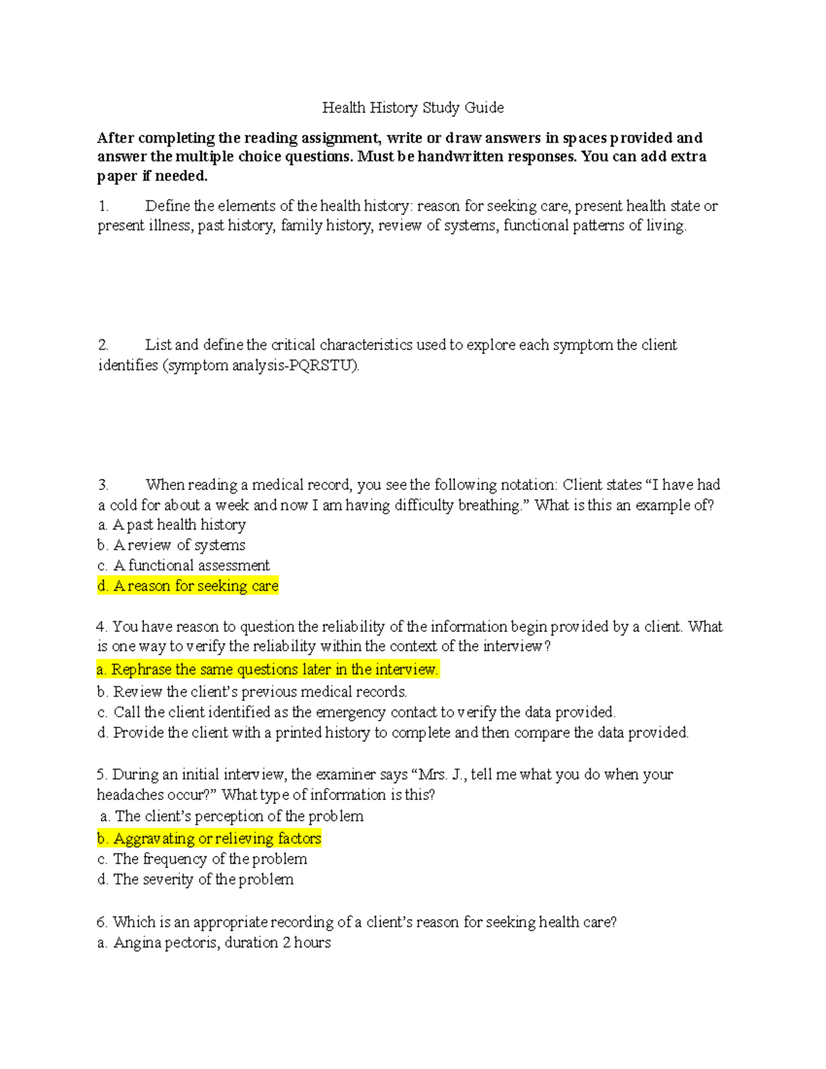 Health History practice quiz exam 1 - Health History Study Guide After ...