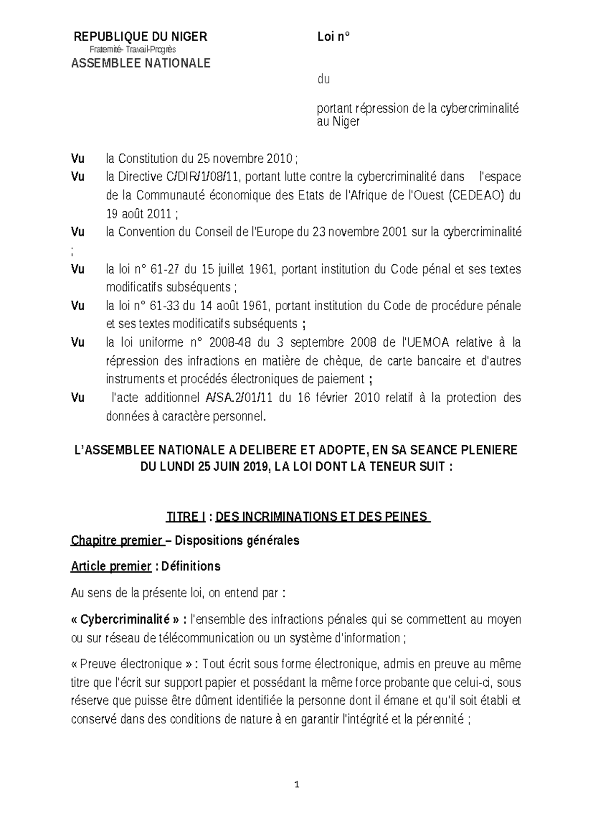 Niger cybercrime law - RAS - REPUBLIQUE DU NIGER Loi n° Fraternité ...
