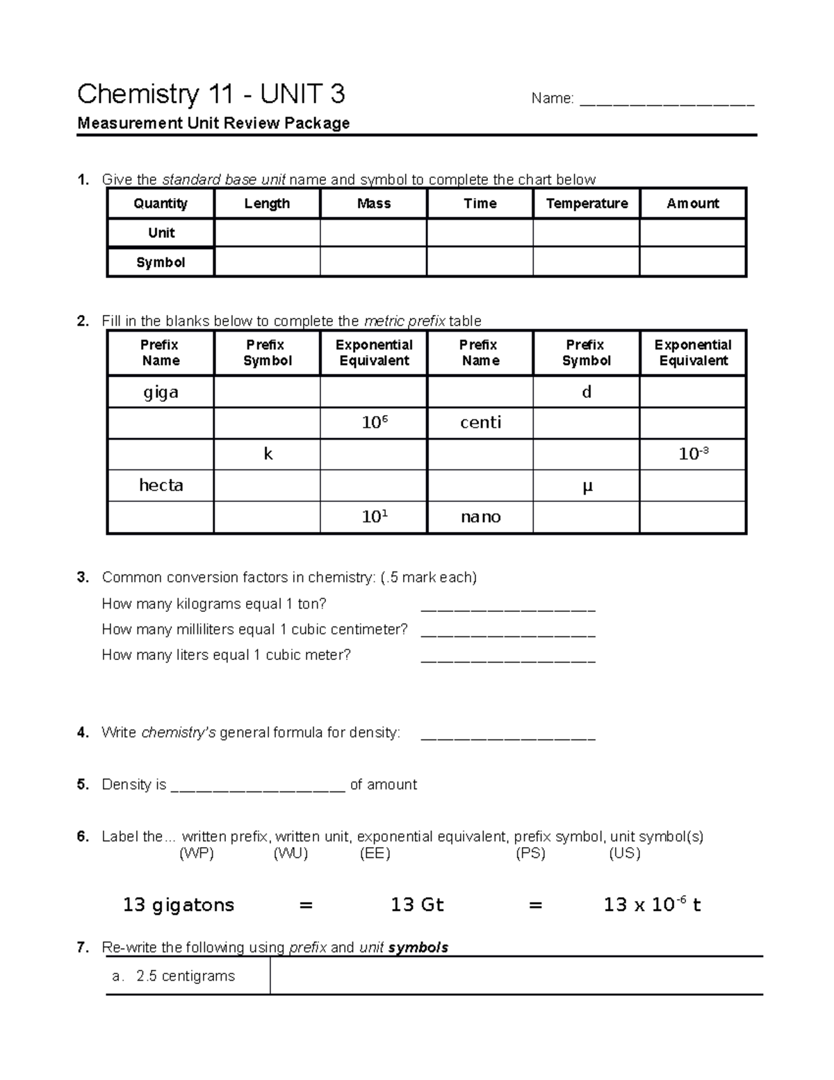 Measure - review package - Chemistry 11 - UNIT 3 Name ...