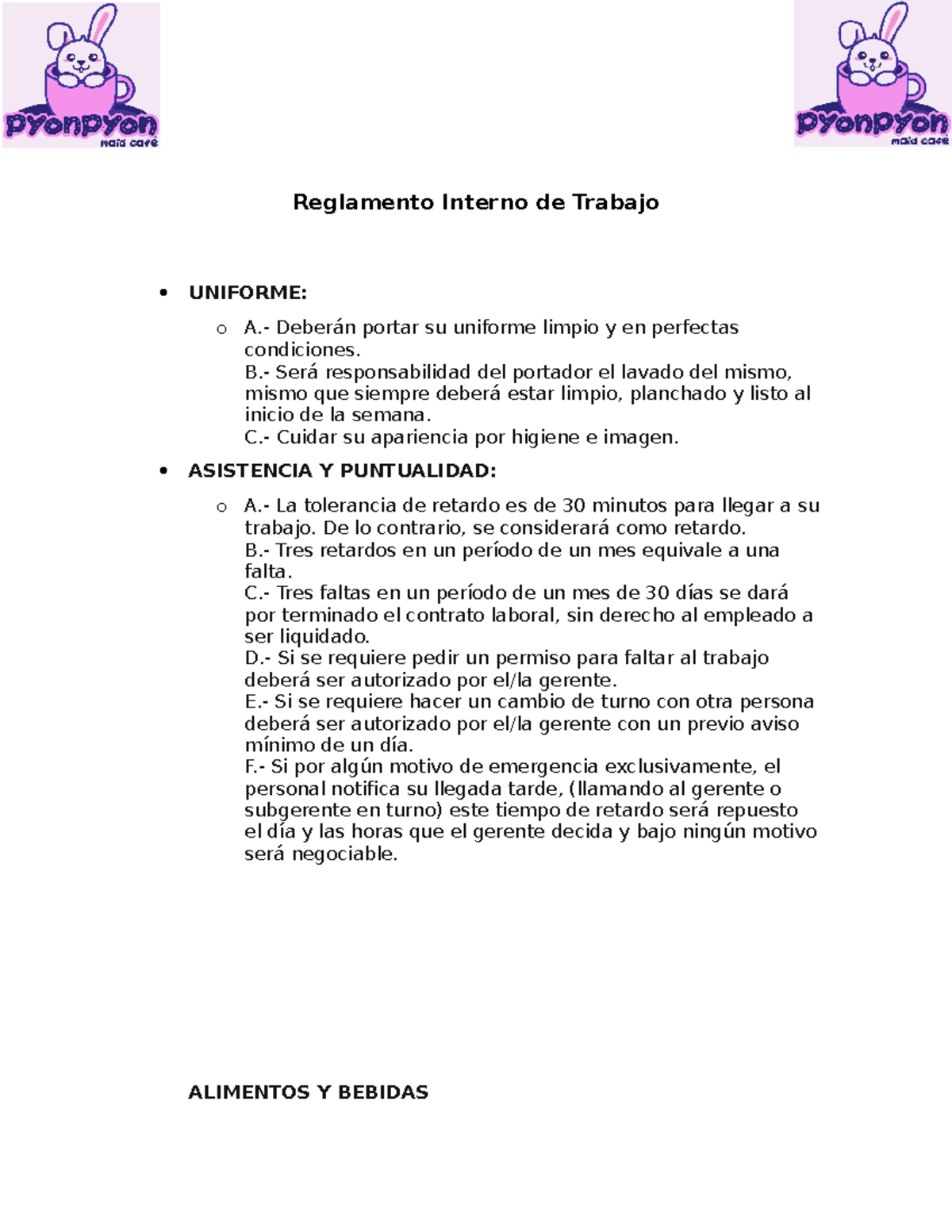 Reglamento Interno de Trabajo - Deberán portar su uniforme limpio y en perfectas condiciones. B ...