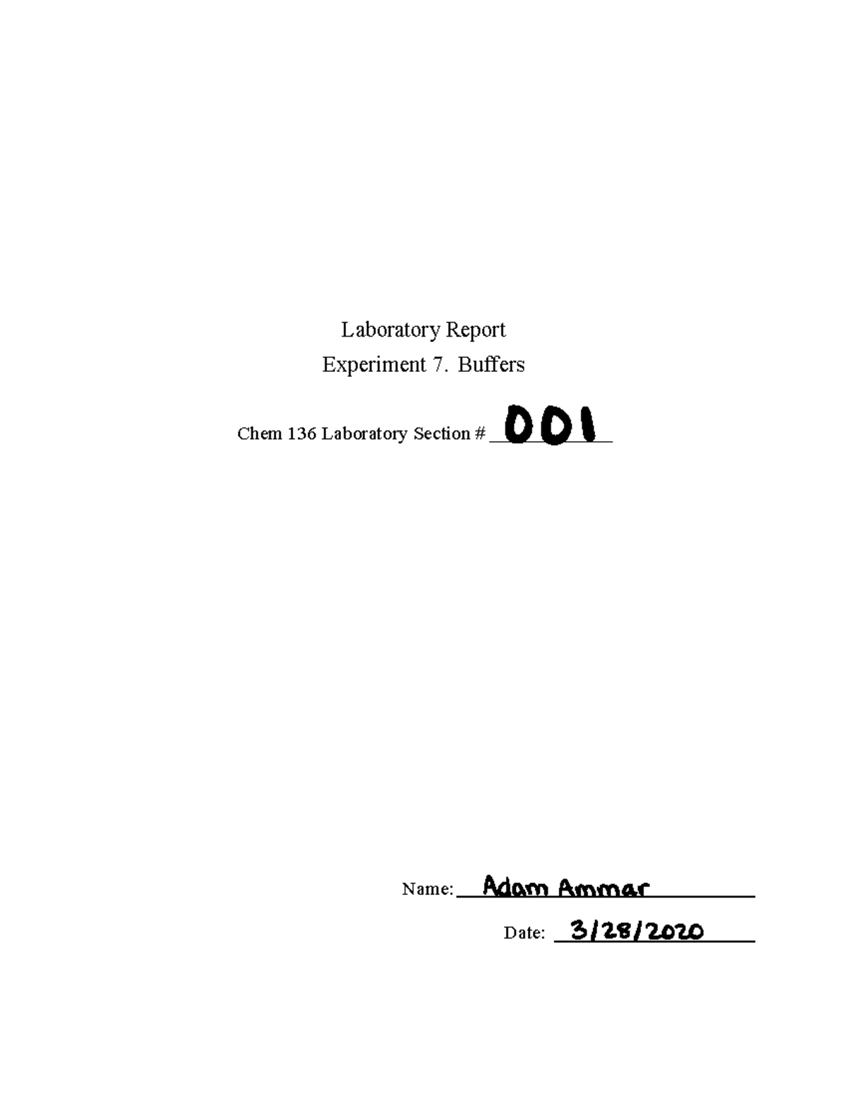 Lab Experiment 7 Buffers Name Date Chem 13 6 Laboratory Section Laboratory Report 
