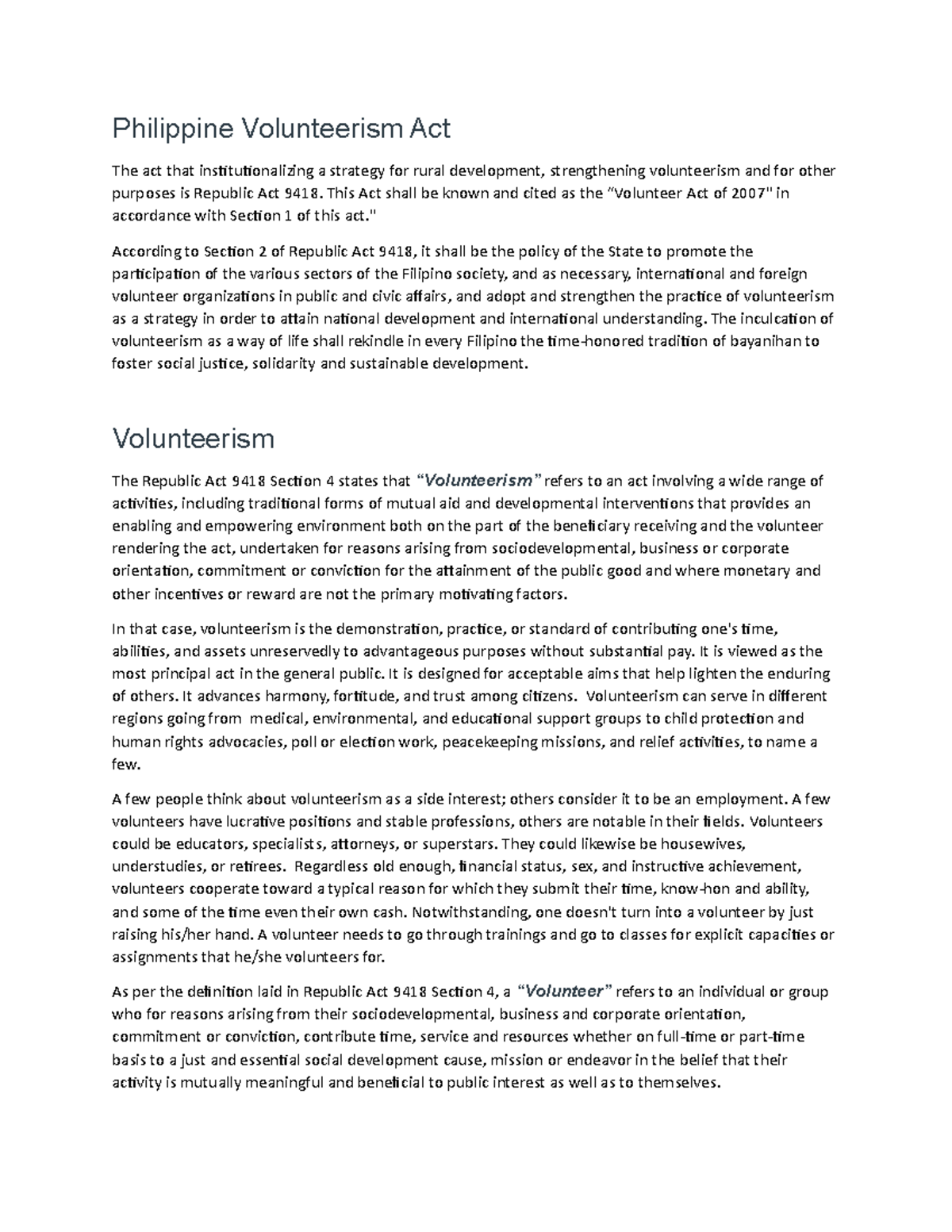 Philippine Volunteerism Act - This Act shall be known and cited as the ...