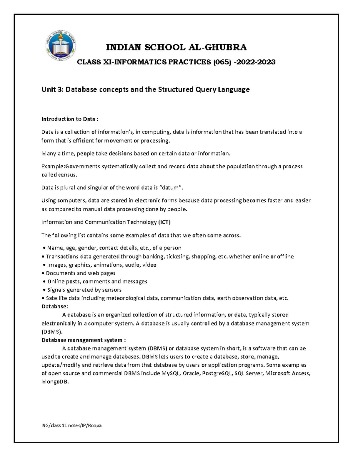 Database Notes Xi Indian School Al Ghubra Class Xi Informatics Practices 065 2022 2023