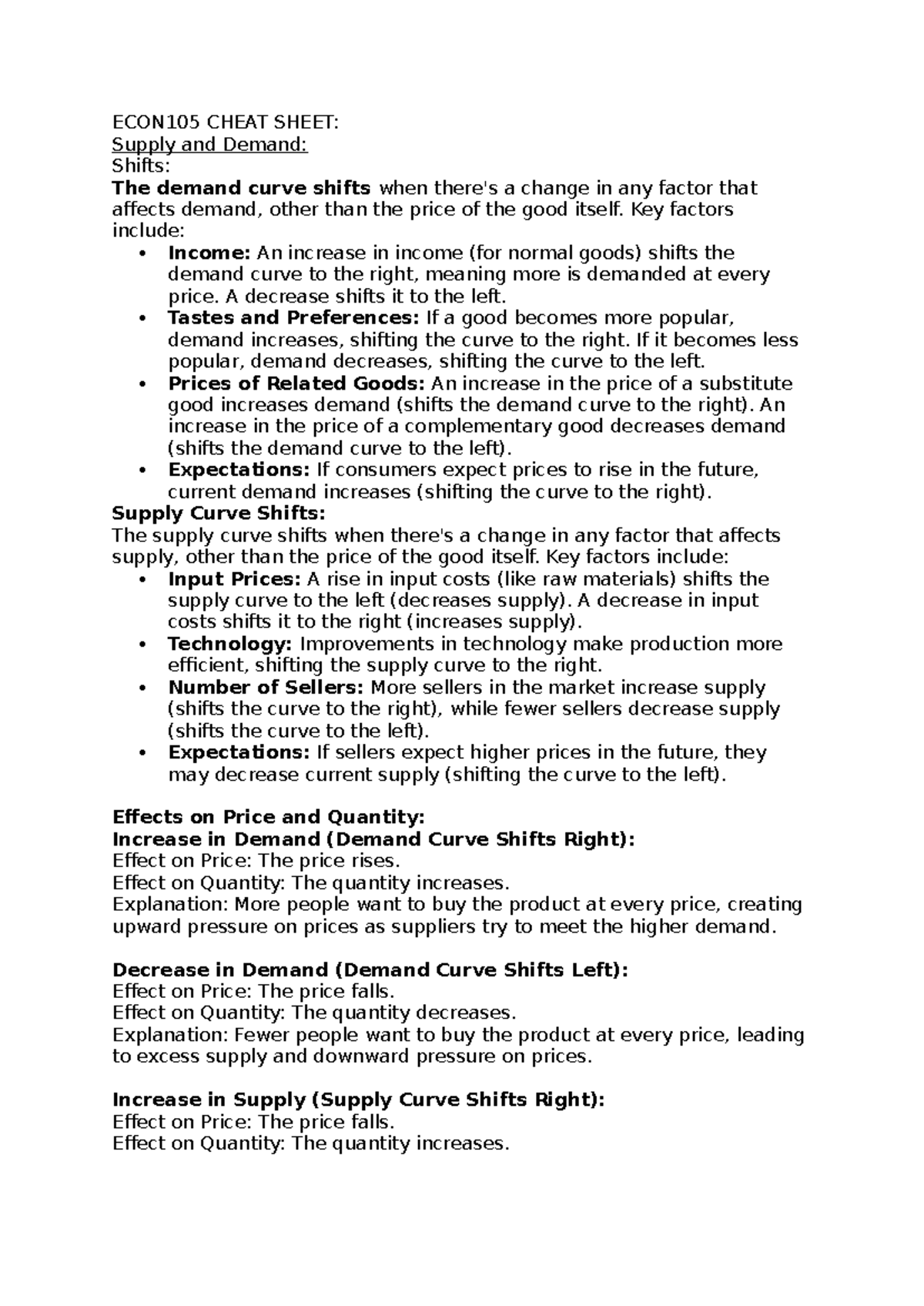 Cheat Sheet - ECON105 CHEAT SHEET: Supply and Demand: Shifts: The ...