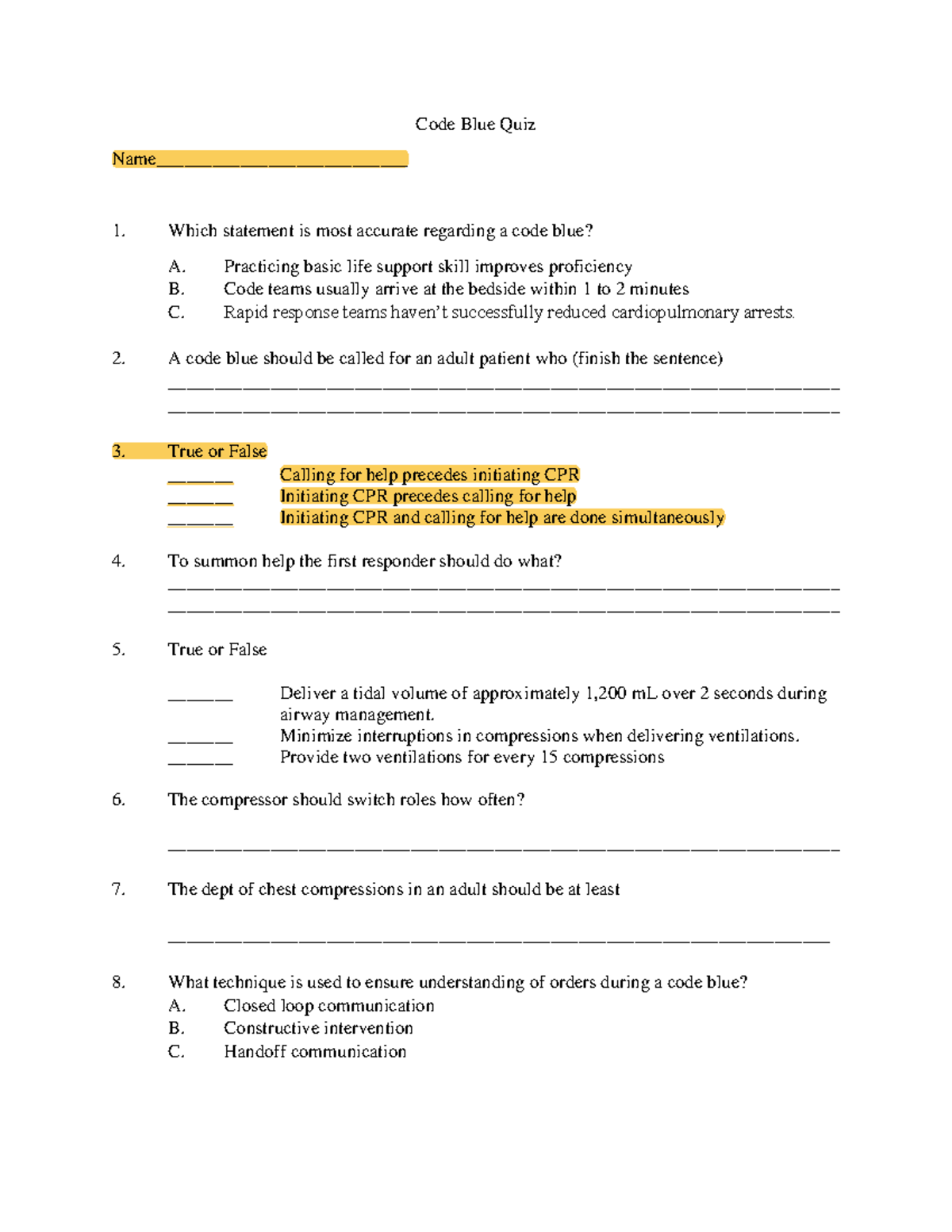 Code Blue Quiz - n/a - Code Blue Quiz Name ...