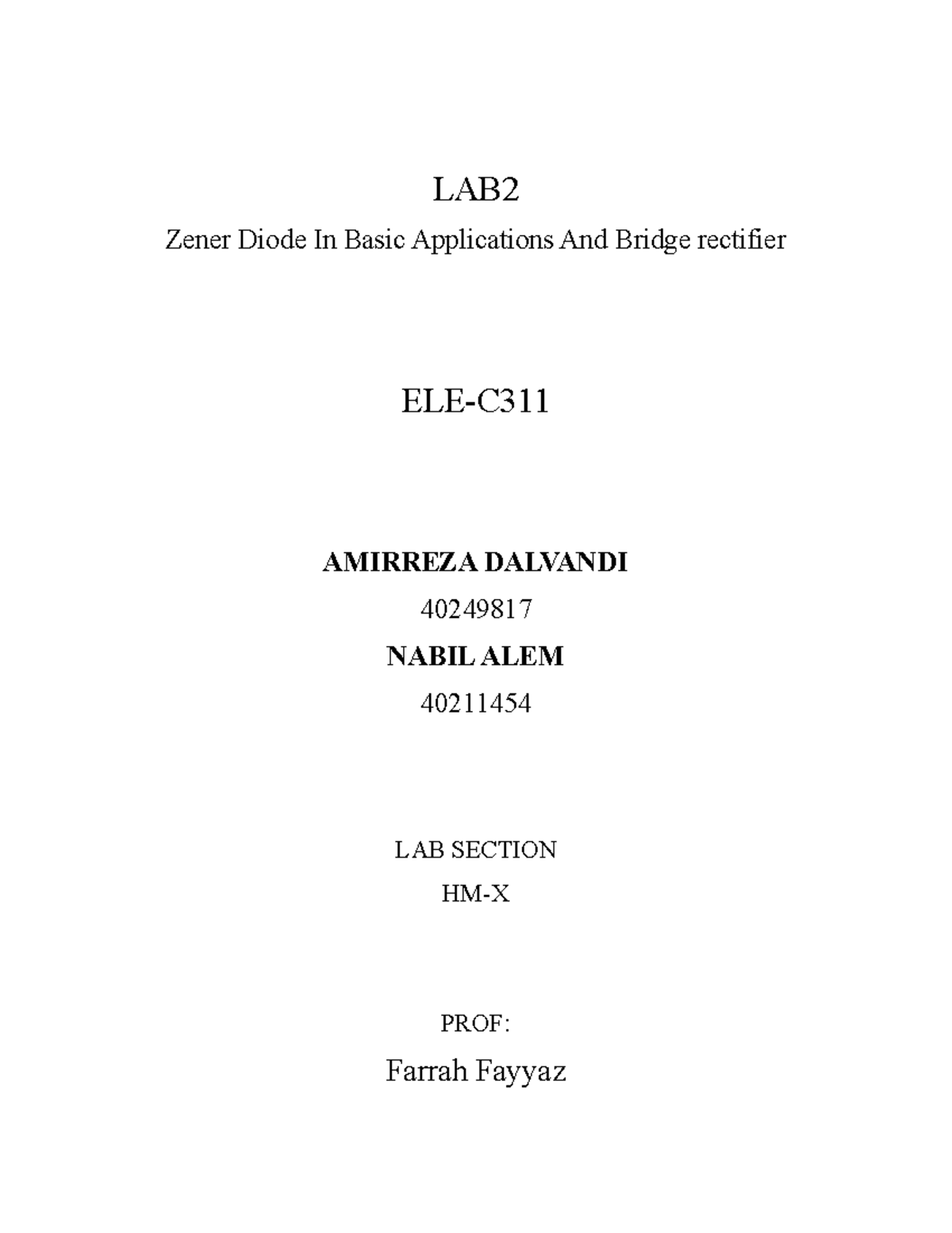 Lab2 report ELEC311 - LAB 2 Zener Diode In Basic Applications And ...