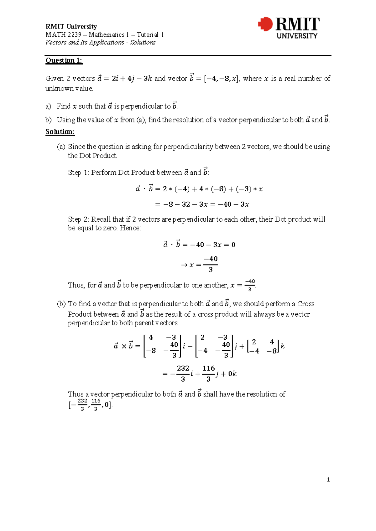 Tutorial w1 Vectors Introduction and Arithmetic (Solution) - MATH 2239 ...