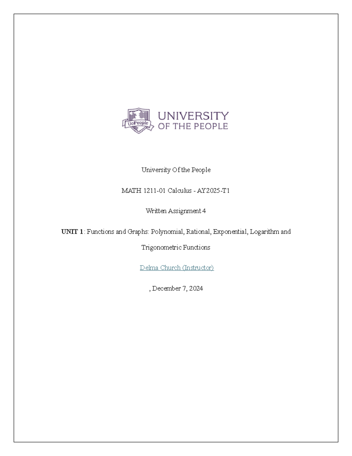 University Of the People.Written Assignment 4 math - University Of the People MATH 1211-01 ...