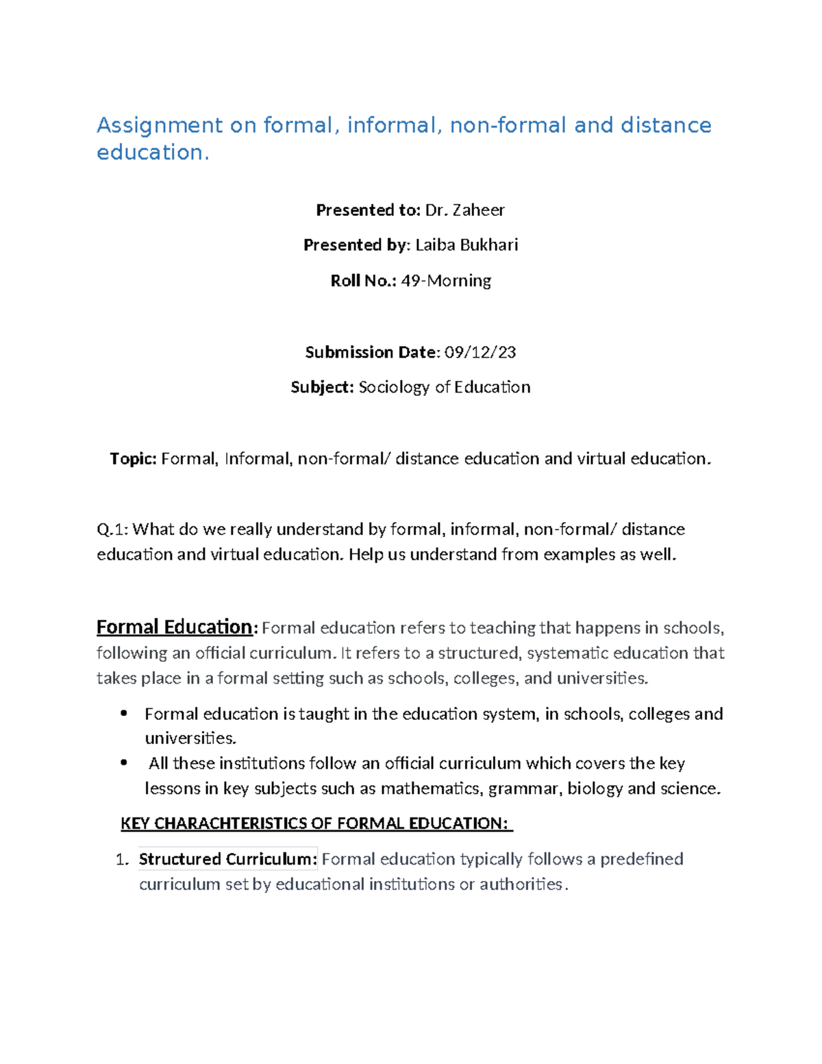 Assignment on types of education - Assignment on formal, informal, non ...