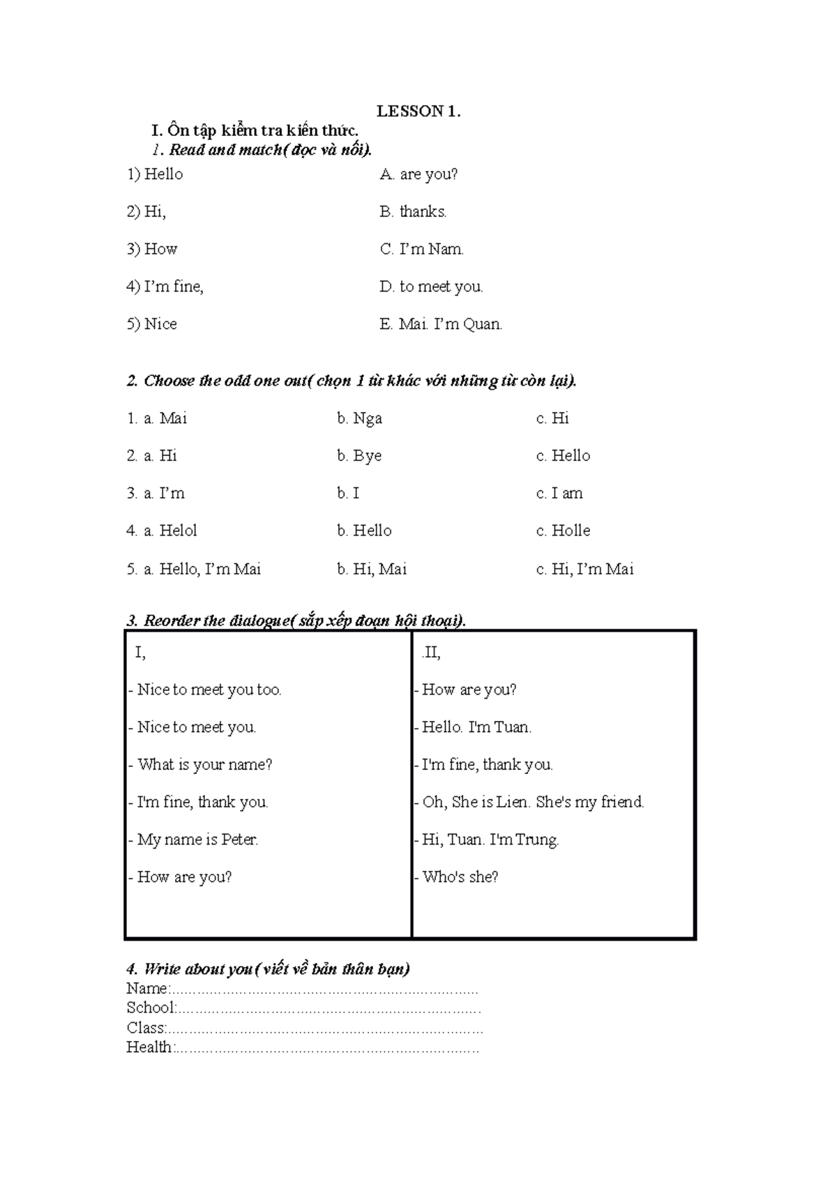 Lesson 1 English 3 - LESSON 1. I. Ôn tập kiểm tra kiến thức. Read and ...