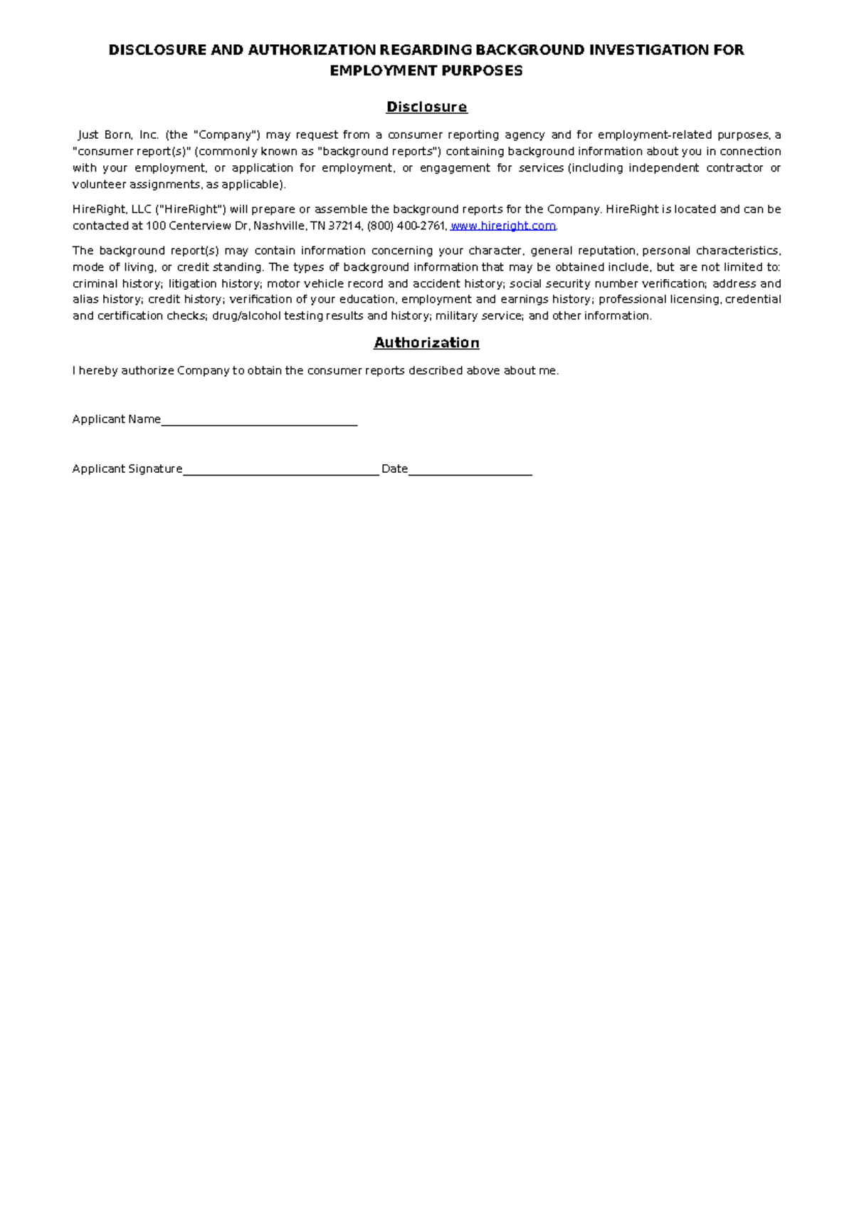 Unsigned Document - N/a - DISCLOSURE AND AUTHORIZATION REGARDING ...