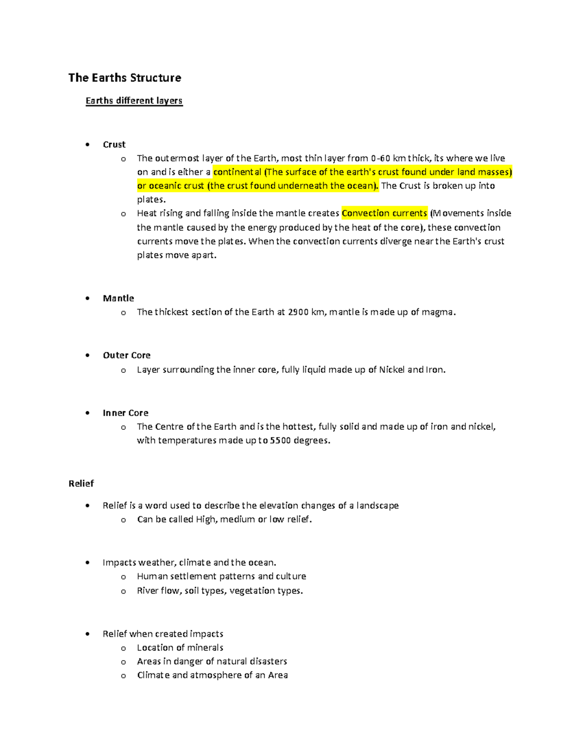 GEOG Notes - The Earths Structure Earths different layers • Crust o o ...