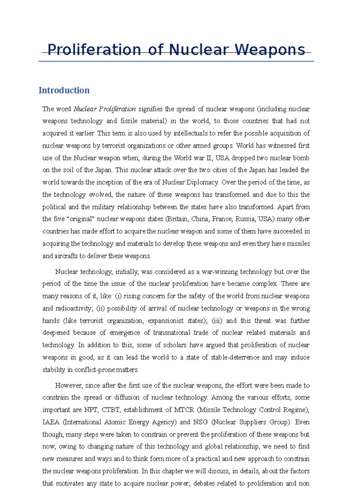 Proliferation of Nuclear Weapons - Proliferation of Nuclear Weapons ...