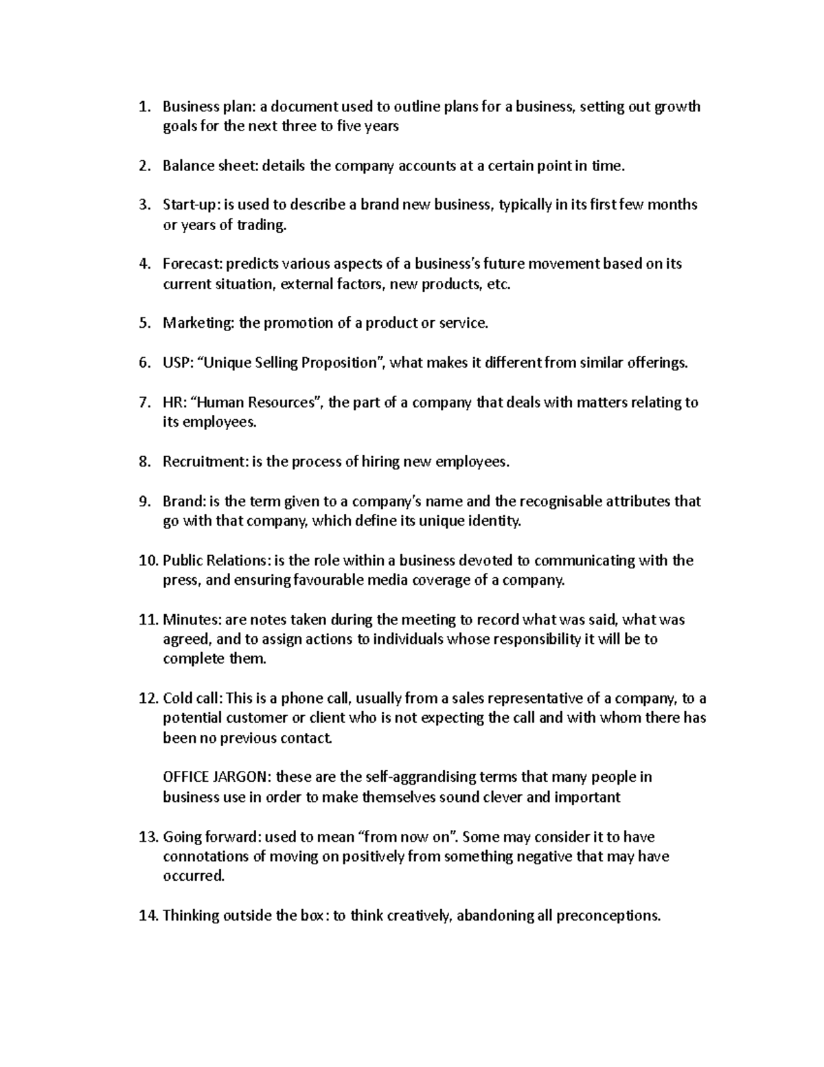 Vocabulary - English FOR Business - Business plan: a document used to ...