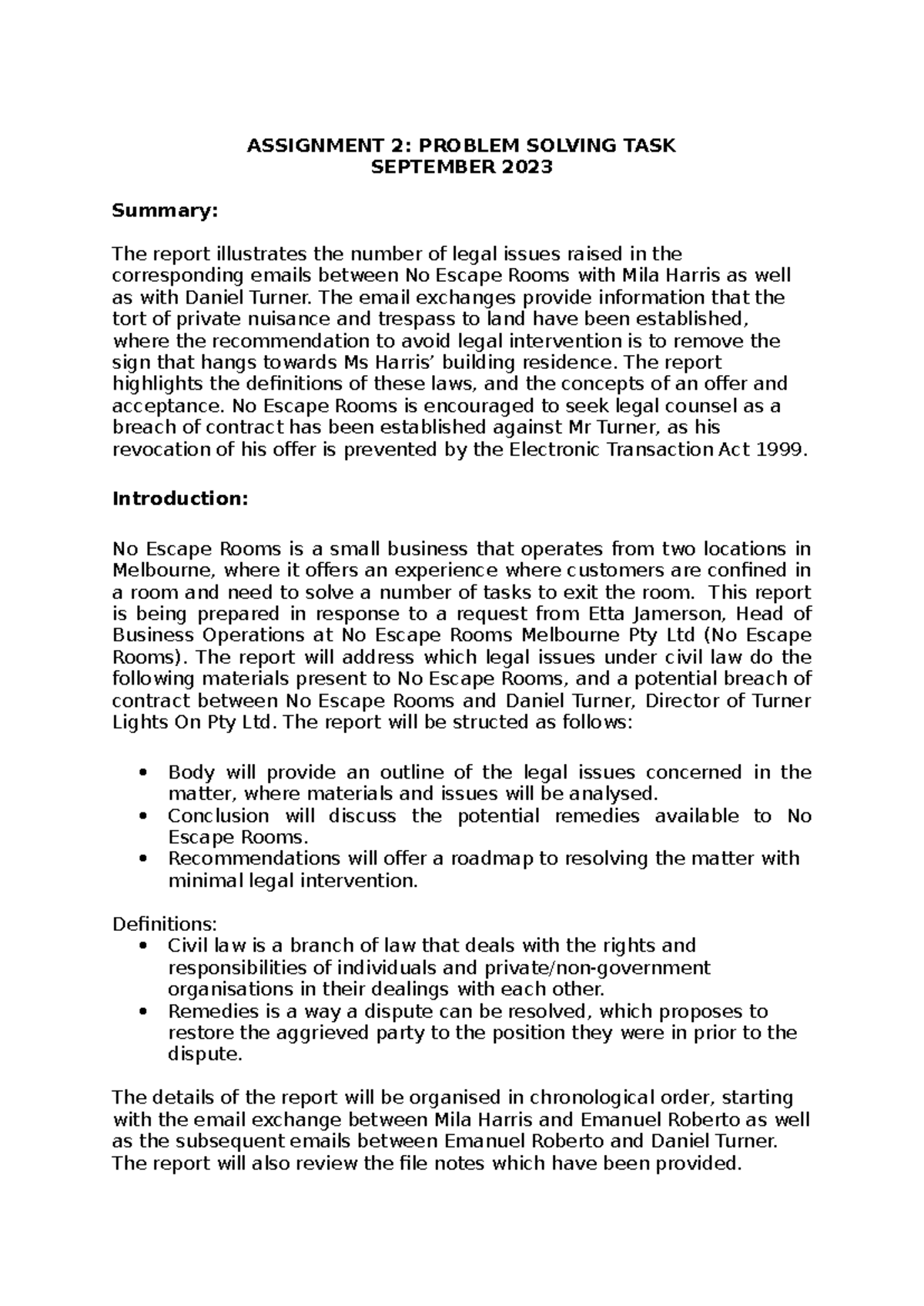 LAW2442 a2 - ASSIGNMENT 2: PROBLEM SOLVING TASK SEPTEMBER 2023 Summary ...