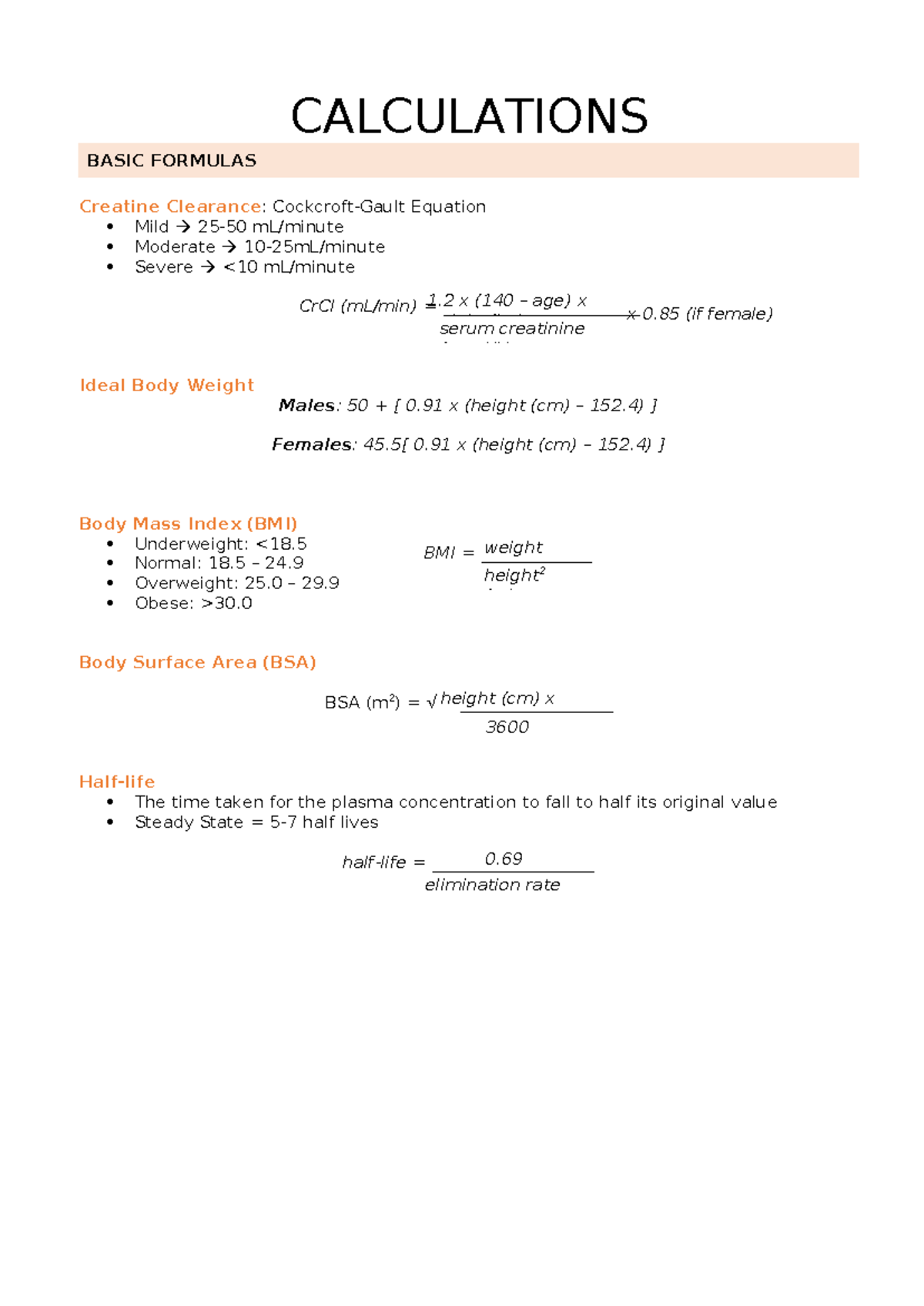 Calculations - Intern exam notes - CALCULATIONS BASIC FORMULAS Creatine ...
