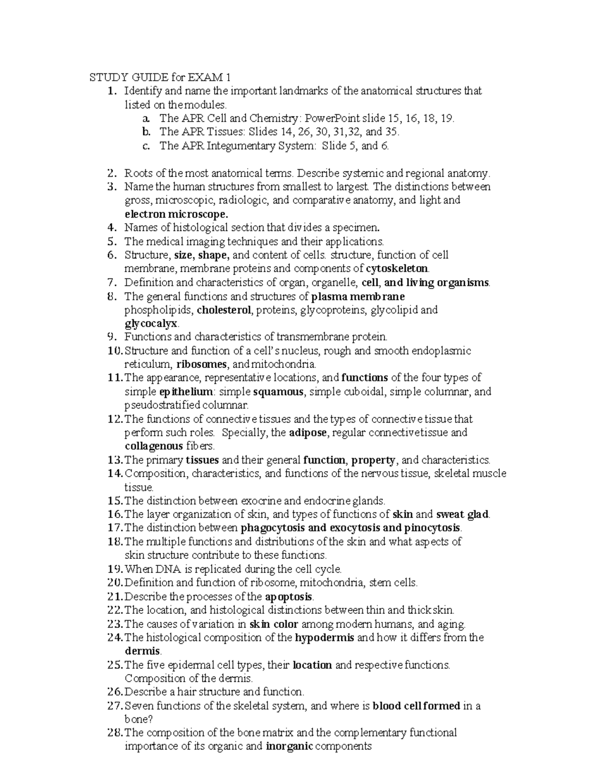 Study Guide for Exam 1 - STUDY GUIDE for EXAM 1 1. Identify and name ...