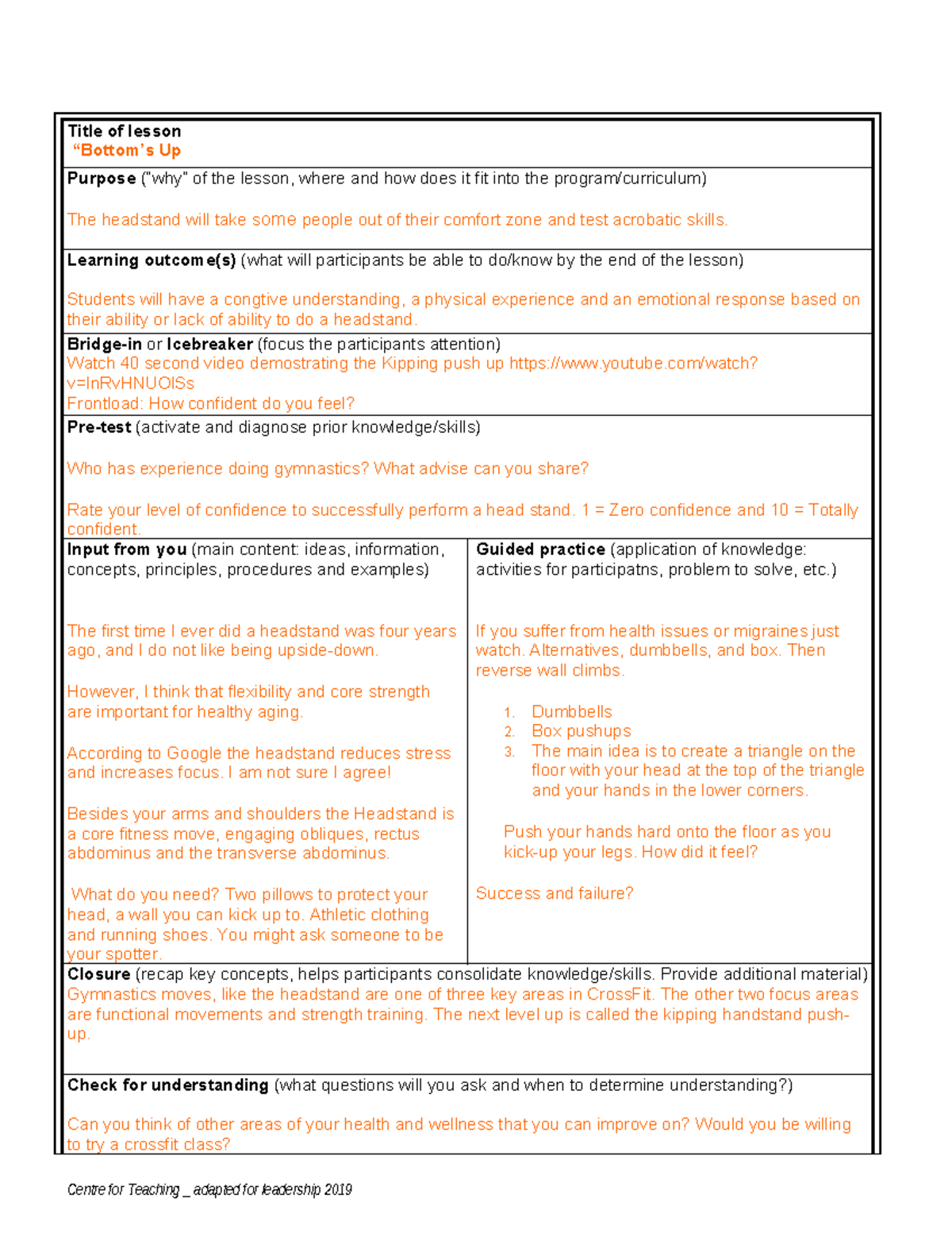 Lesson Plan Template Sample - Title of lesson “Bottom’s Up Purpose ...