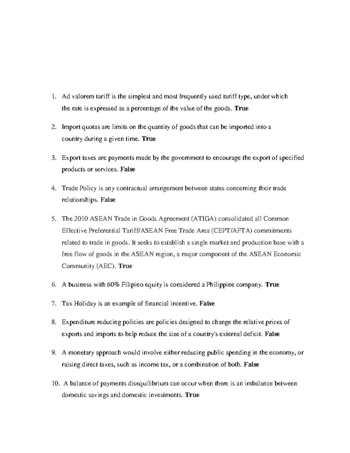 Business and Trade Quiz - Quiz: True or False. 1 point each. Ad valorem ...