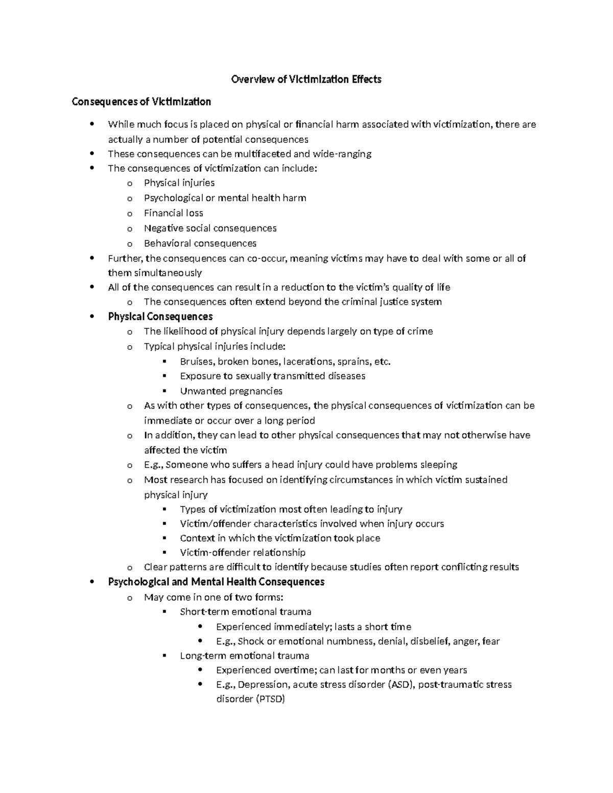 Unit 3 Notes - Overview of Victimization Effects Consequences of ...
