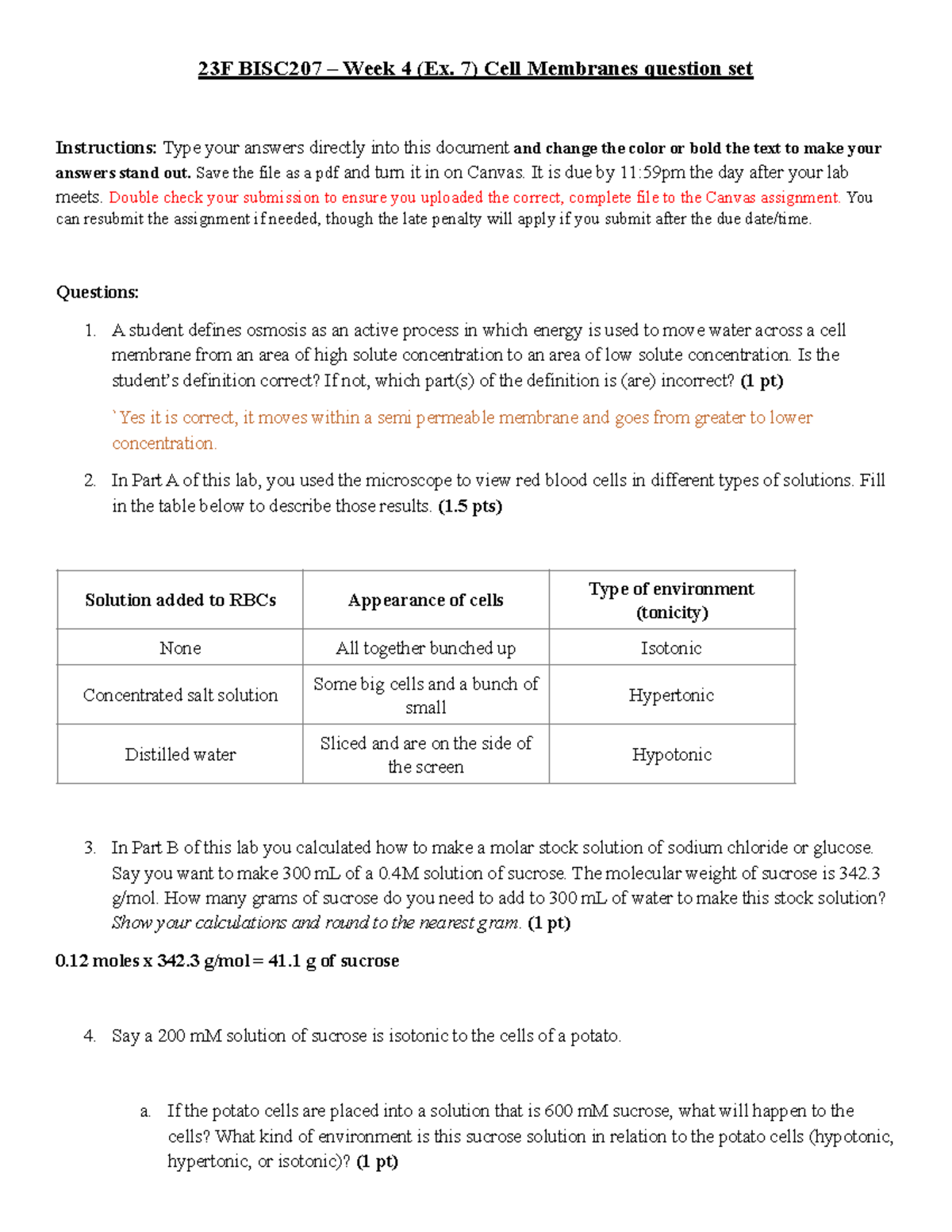 23F BISC207 Week 4 Cell Membranes Question Set - 23F BISC207 – Week 4 ...