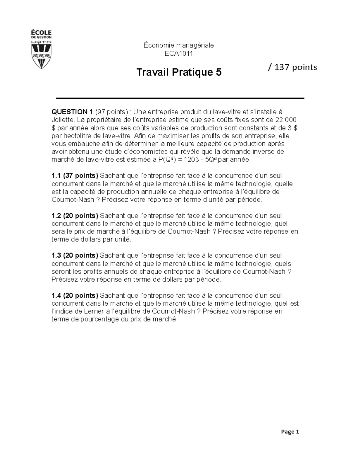 ECA1011-TP5-Questionnaire - Page 1 Économie managériale ECA Travail ...