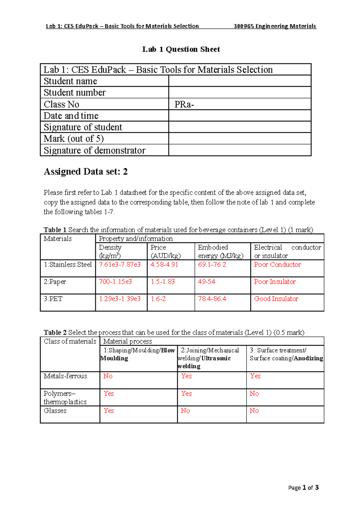 Lab 1 answer sheet - Lab 1: CES EduPack – Basic Tools for Materials ...