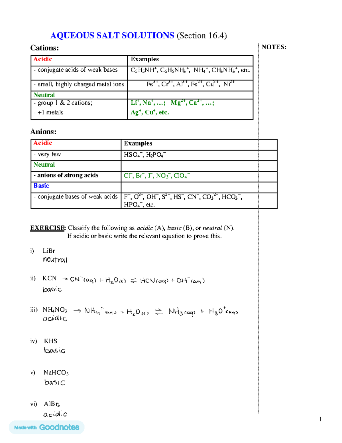 Aqueous Salt Solutions - AQUEOUS SALT SOLUTIONS (Section 16) Cations ...