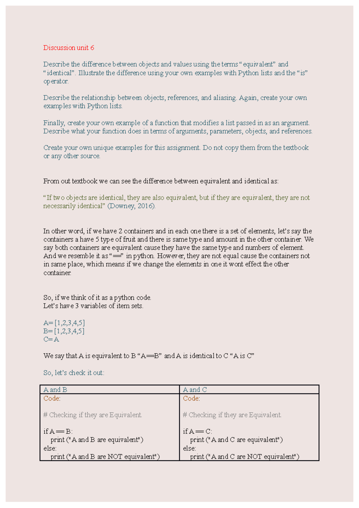 CS 1101 Homeworks Unit 6 - Discussion unit 6 Describe the difference between objects and values ...