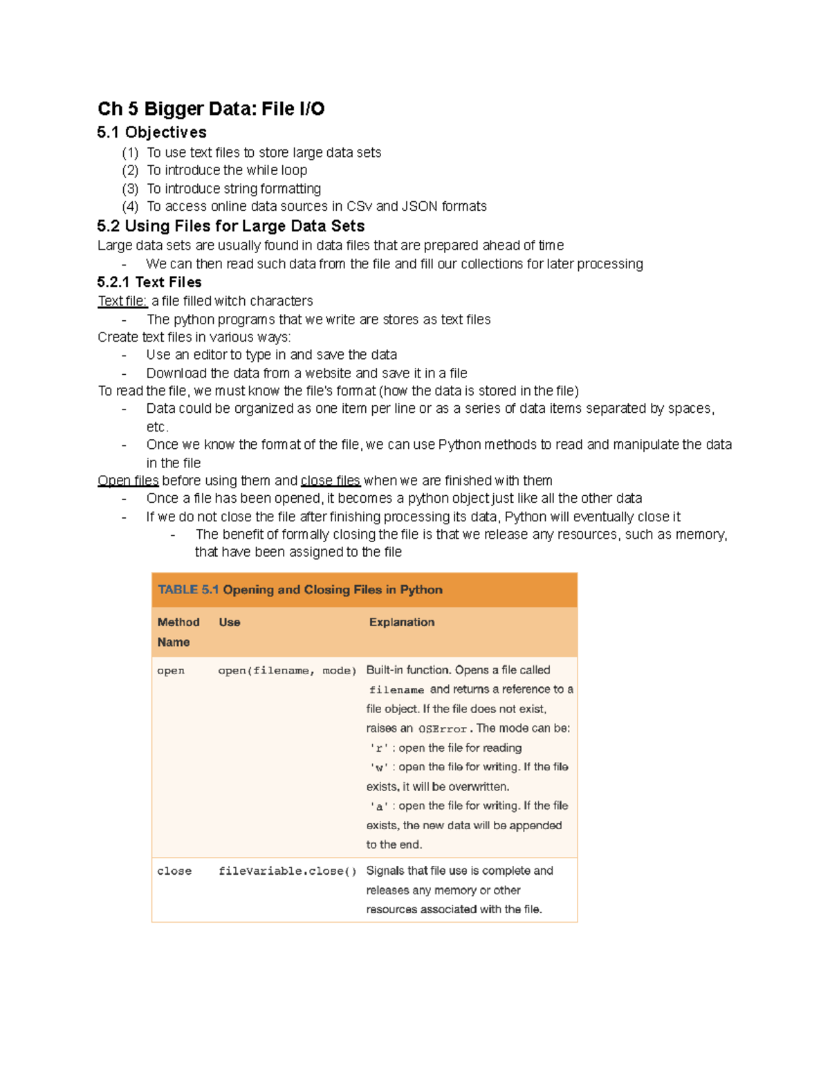 CIS 210 Reading Notes Ch. 5 - Ch 5 Bigger Data: File I/O 5 Objectives ...