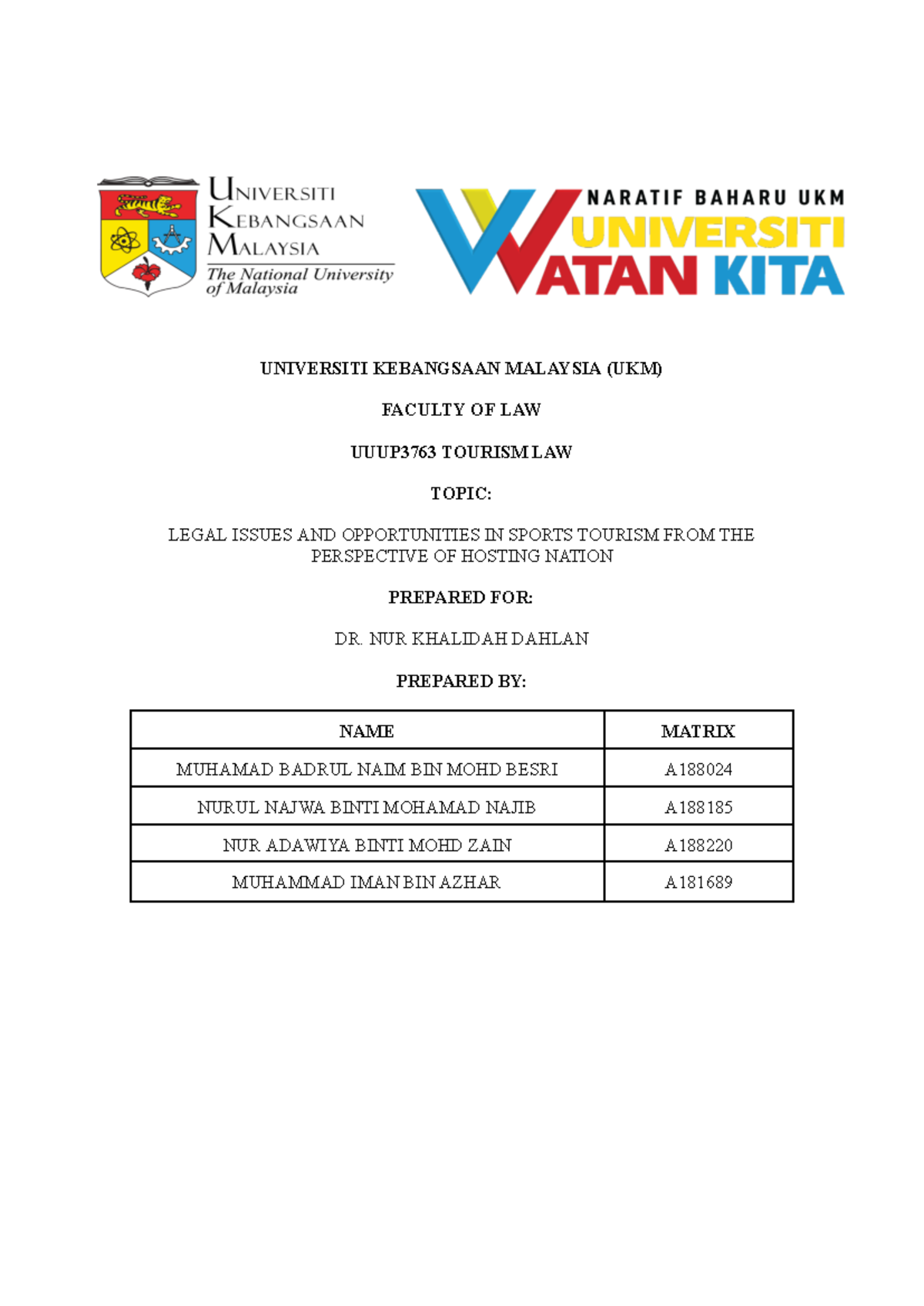 Sports Tourism Assignment - UNIVERSITI KEBANGSAAN MALAYSIA (UKM ...