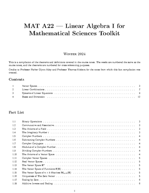 A22 Note Course Notes Winter 2019 Mata22 Linear Algebra I For