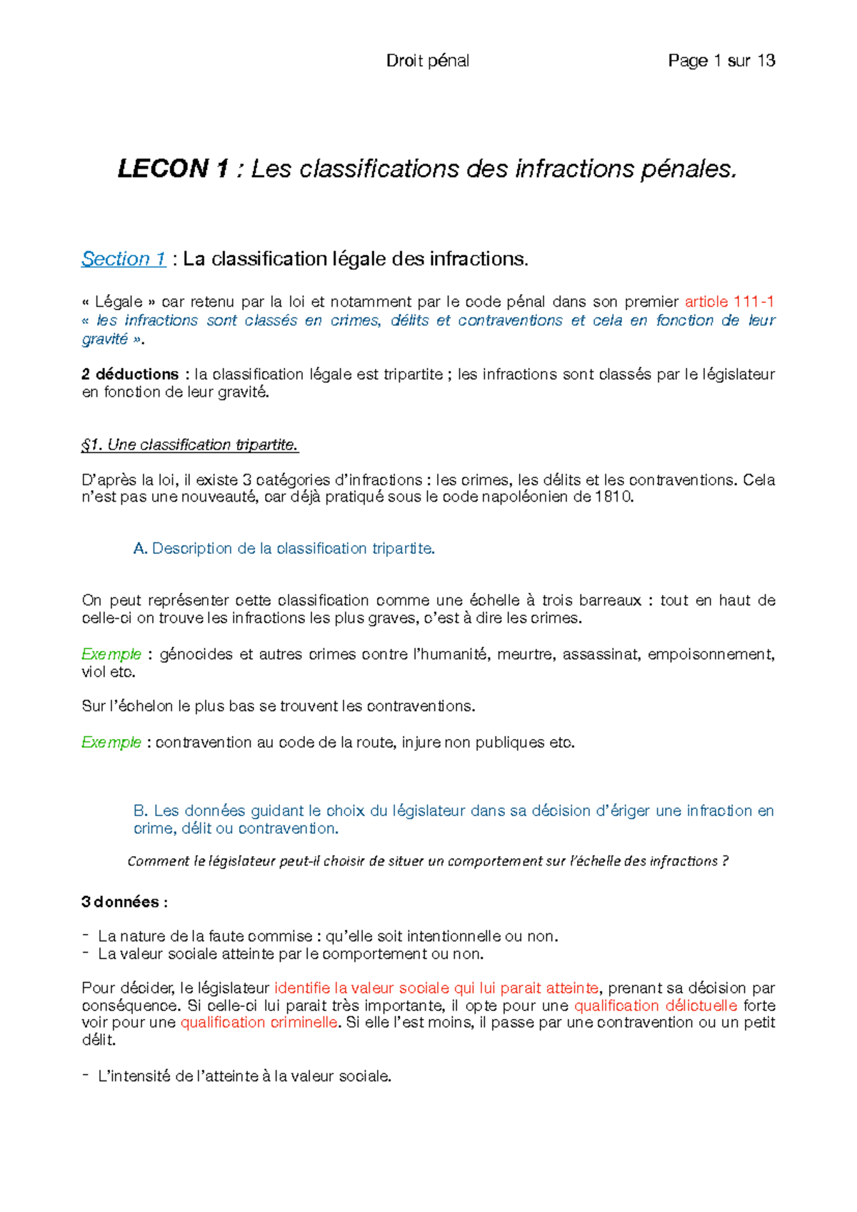 Lecon 1 - LECON 1 : Les classifications des infractions pénales ...