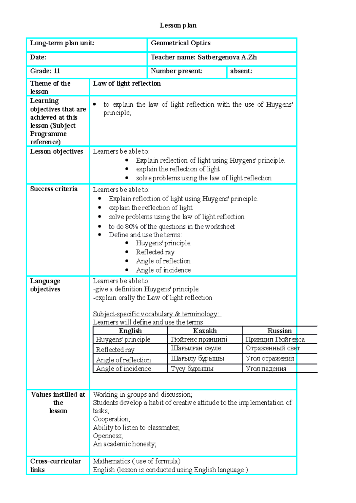 17.Law of light reflection - Lesson plan Long-term plan unit ...