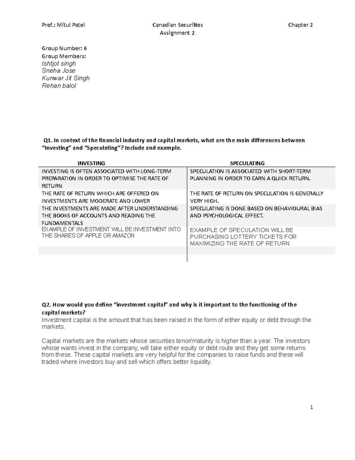 Canadian Securities - Assignment - Chapter 2 - Student - Assignment 2 Group Number: 6 Group ...