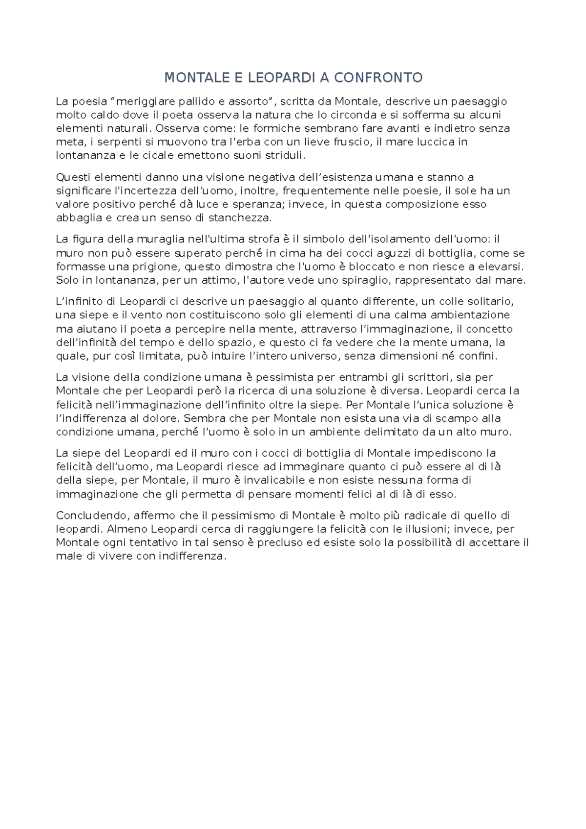 Montale E Leopardi A Confronto - MONTALE E LEOPARDI A CONFRONTO La poesia “meriggiare pallido e ...