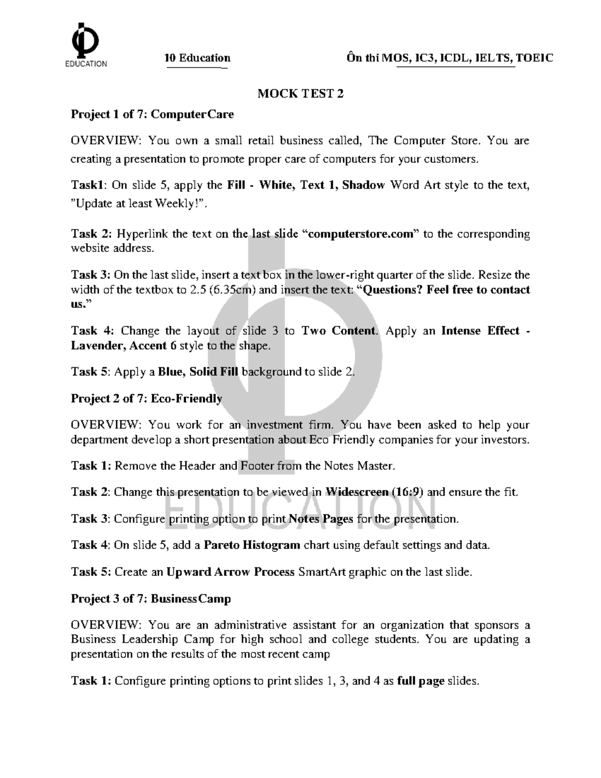 MOCK TEST 2 - Đề - tailieu - 10 Education Ôn thi MOS, IC3, ICDL, IELTS ...