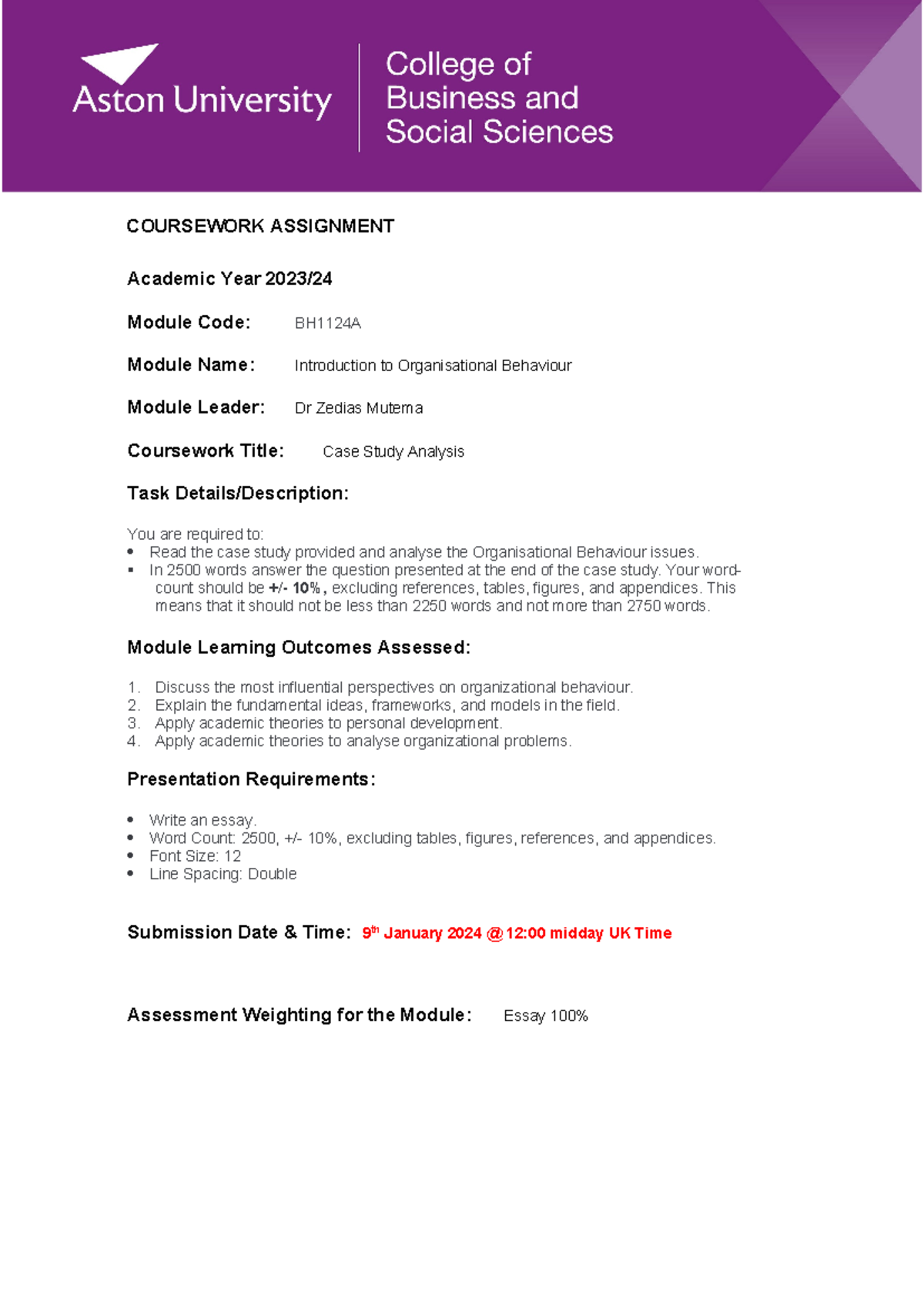 BH1124A Coursework 2023-24(1) - Academic Year 2023/ Module Code: BH1124A Module Name ...