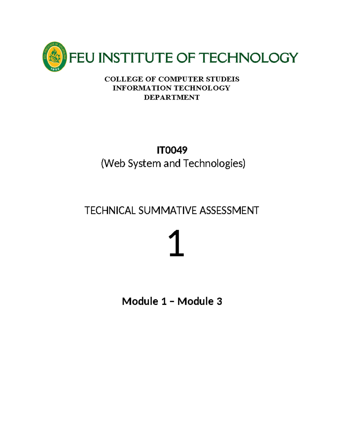 Technical Summative Assessment 1 Batbat - COLLEGE OF COMPUTER STUDEIS INFORMATION TECHNOLOGY ...