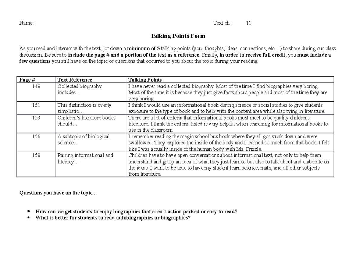 Talking Points 11 - Name: Text ch.: 11 Talking Points Form As you read ...