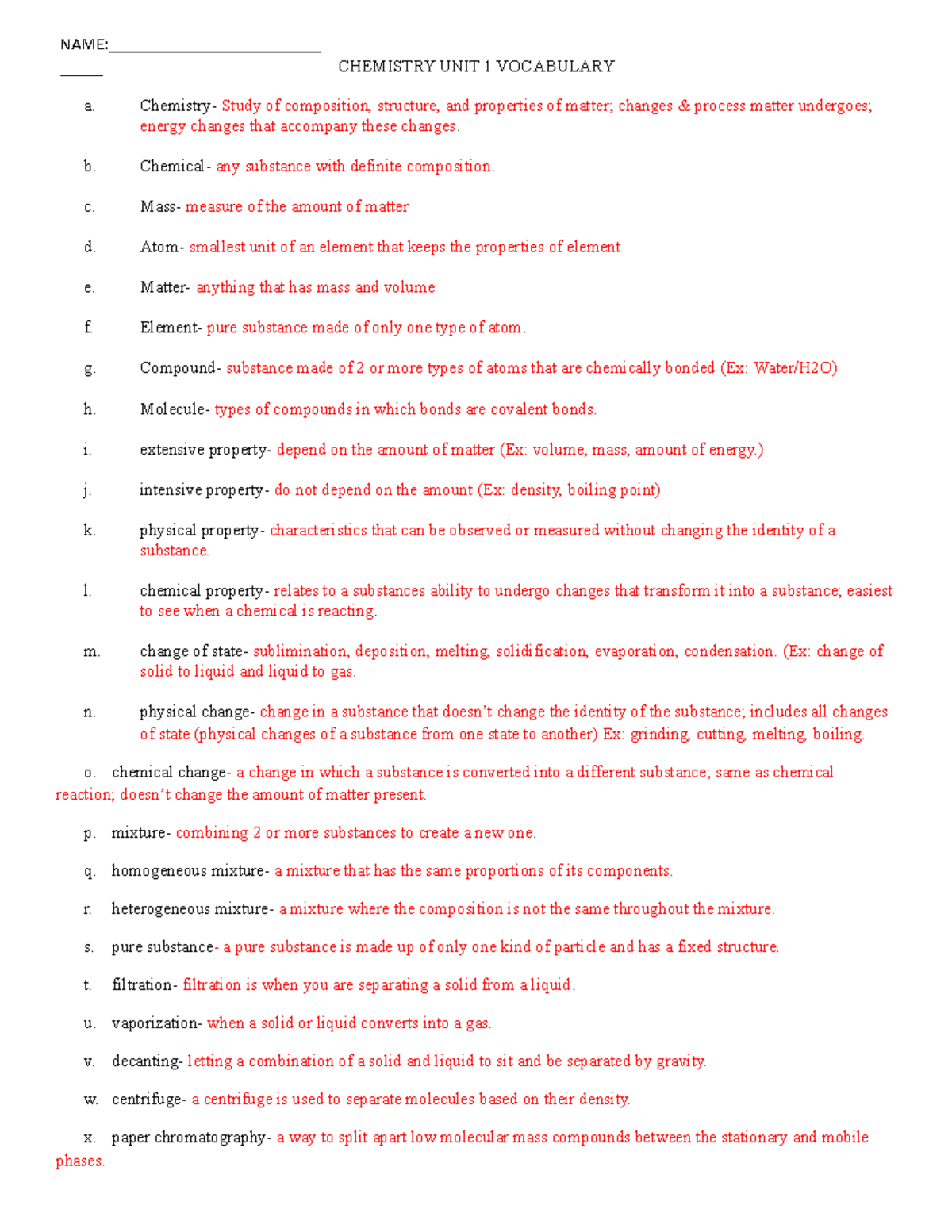 Chemistry UNIT 1 Vocabulary - CHEMISTRY UNIT 1 VOCABULARY a. Chemistry ...